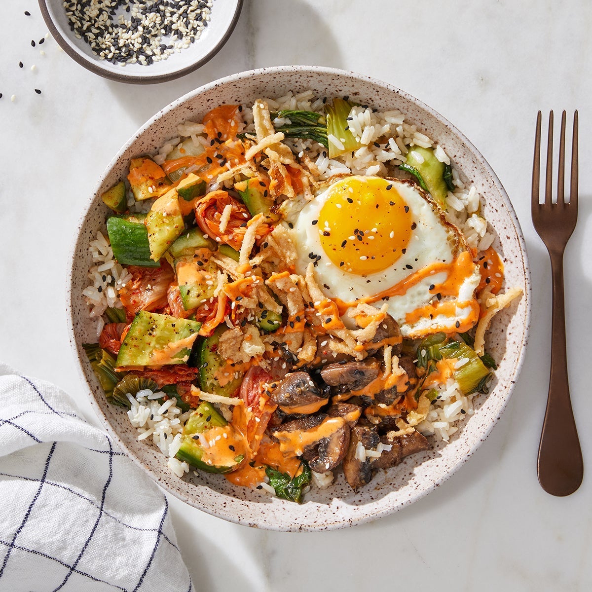 Kimchi Vegetable Rice Bowls with Fried Eggs Spicy Mayo
