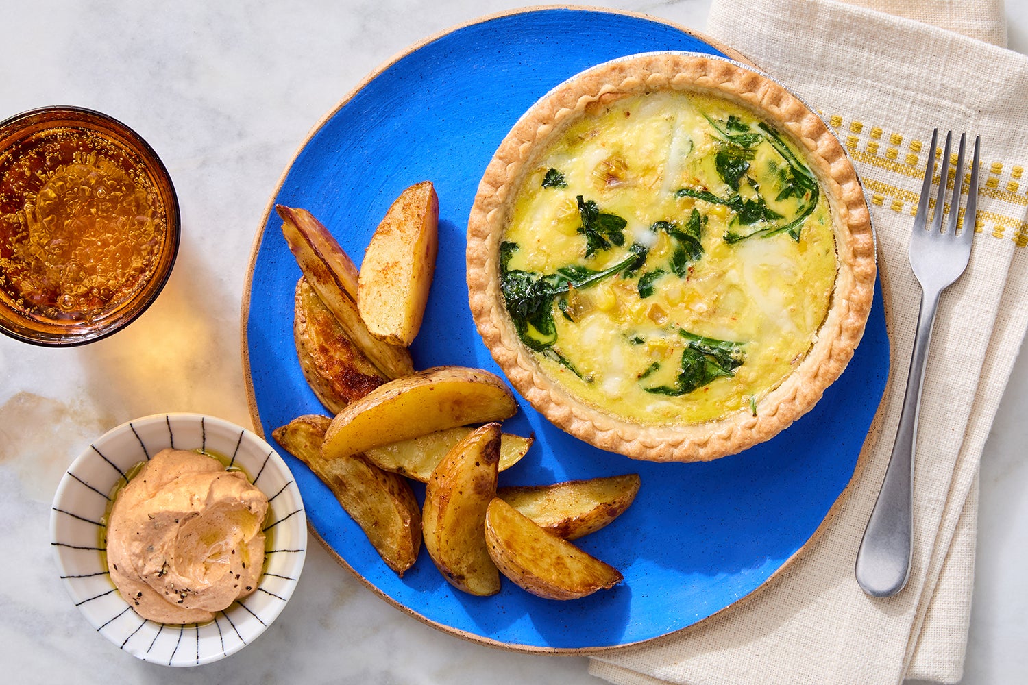 Recipe: Cheesy Corn & Spinach Quiche with Seasoned Potato Wedges & Sour ...