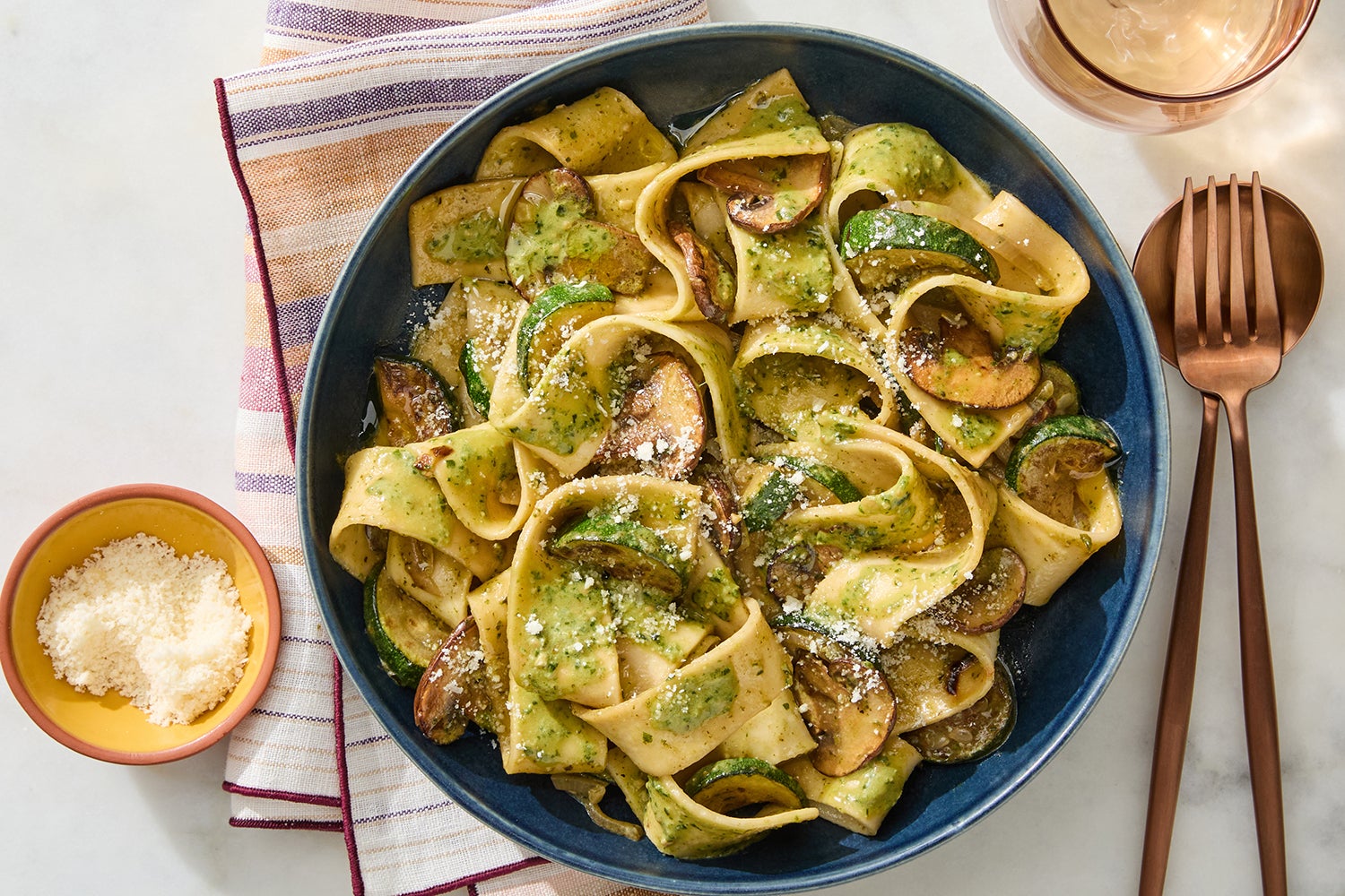 Recipe: Hand-Cut Pesto Pappardelle with Zucchini & Mushrooms - Blue Apron