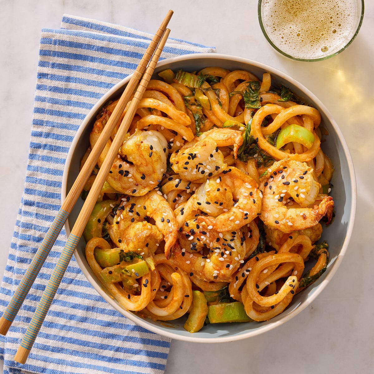 Recipe 15 Min Curry Shrimp Udon With Bok Choy And Sesame Seeds Blue Apron