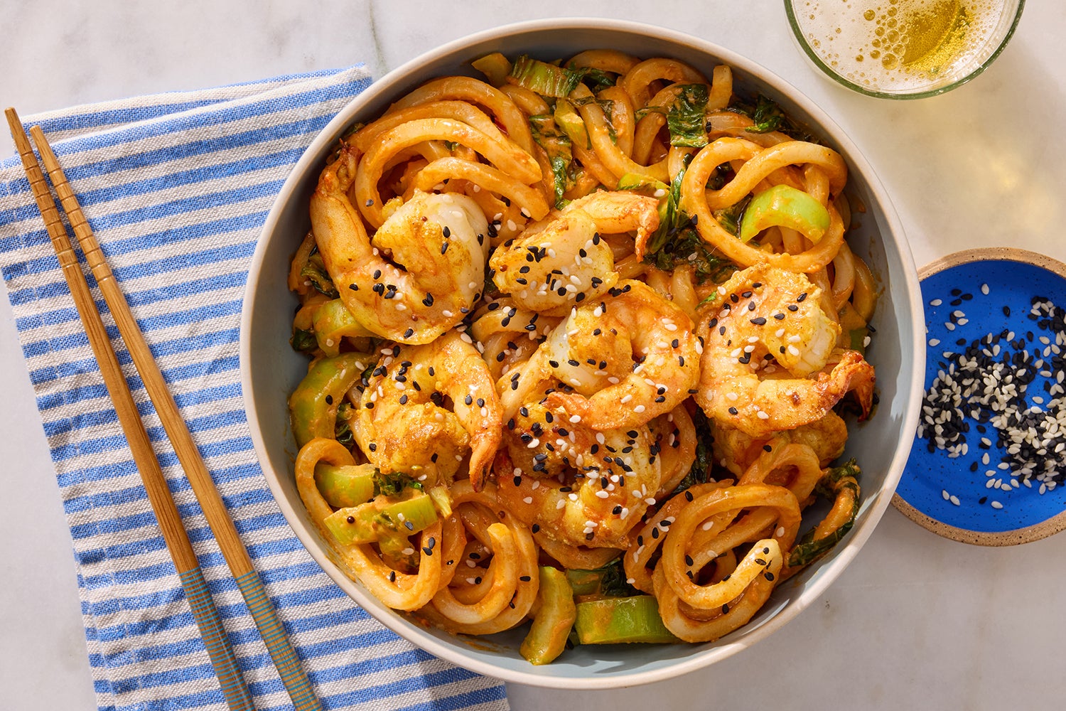 Recipe: 15-Min Curry Shrimp Udon with Bok Choy & Sesame Seeds - Blue Apron