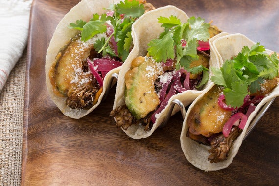 Mixed Mushroom Tacos with Crispy Avocado & Cotija Cheese