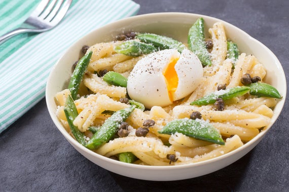 Recipe Spring Gemelli Pasta With Garlic Sugar Snap Peas Crispy Capers And Soft Boiled Eggs