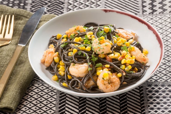 Shrimp & Squid Ink Spaghetti with Summer Vegetables