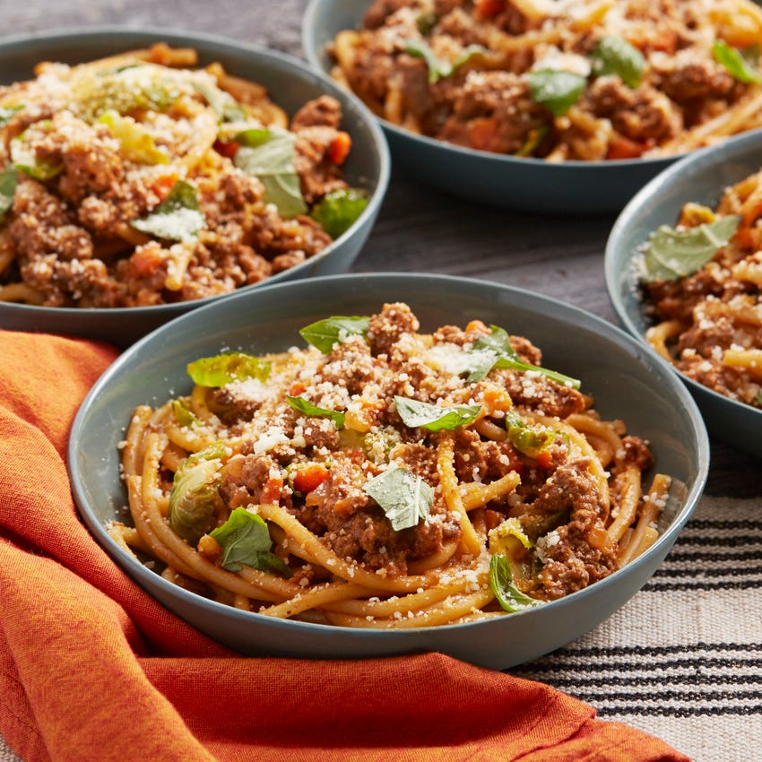 Recipe Bucatini Bolognese With Brussels Sprouts And Pecorino Cheese