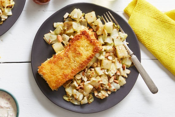 Crispy Cod & Crème Fraîche Sauce with Warm Potato, Cabbage & Olive Salad