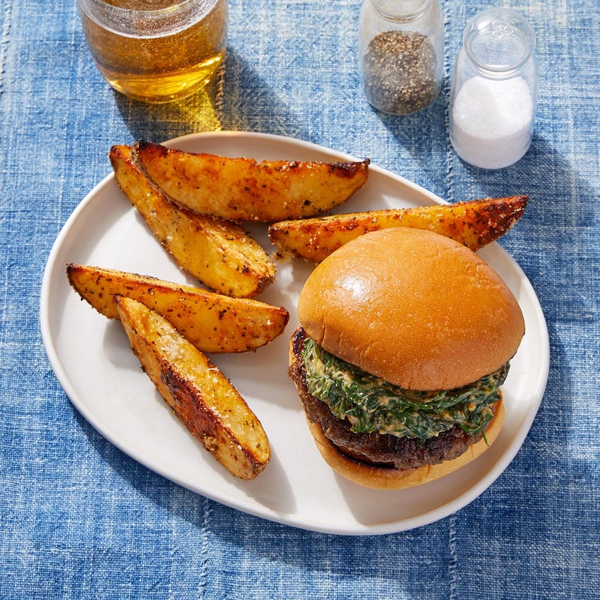 Recipe: Creamy Spinach Beef Burgers with Roasted Potato Wedges - Blue Apron