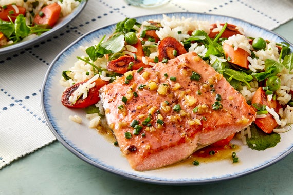Recipe: Seared Salmon & Lemon-Ginger Sauce with Carrots, Peas, & Rice ...