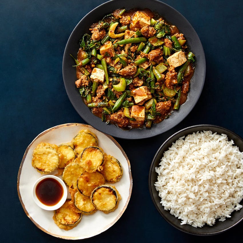 Recipe Spicy Mapo Tofu And Pork With Tempura Zucchini And Ponzu Sauce