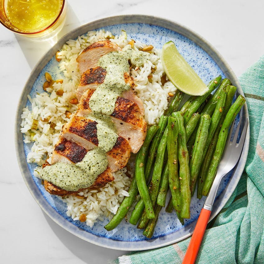 Recipe: Creamy Cilantro Chicken with Toasted Pepita Rice & Green Beans ...