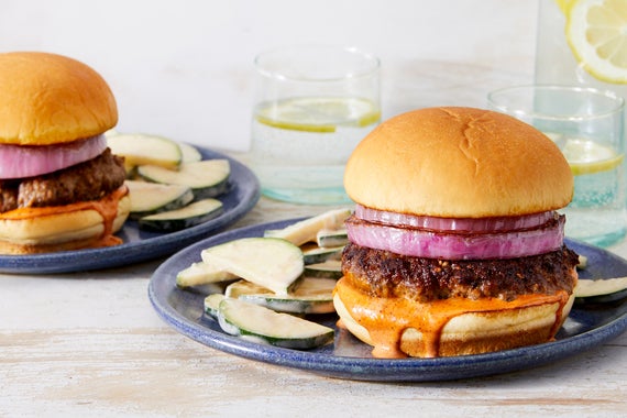 Recipe: Za’atar-Spiced Beef Burgers with Harissa Mayo & Tahini Zucchini ...