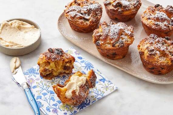 Recipe: Challah Bread Pudding Muffins with Dried Fruit & Maple Butter - Blue Apron