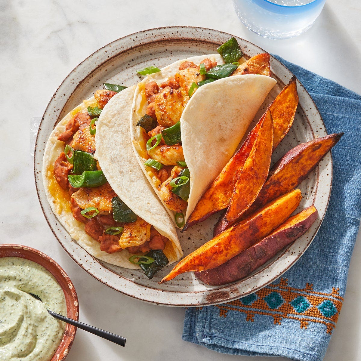 Recipe: Cheesy Chicken & Pinto Bean Tacos with Sweet Potato Wedges ...