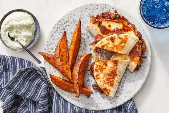 Recipe Cheesy Beef Quesadillas With Sweet Potato Wedges And Creamy Cilantro Sauce Blue Apron