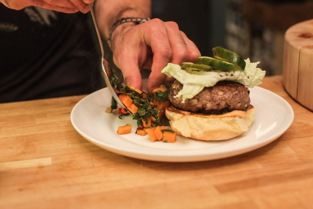 Recipe: Beef Short Rib Burger with Sweet Potato and Kale Hash and ...